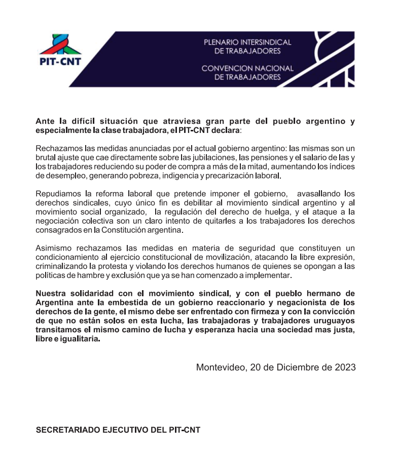 DECLARACICIÓN DE LA PIT-CNT URUGUAY EN APOYO AL PUEBLO ARGENTINO CONTRA EL AJUSTE DEL GOBIERNO ...